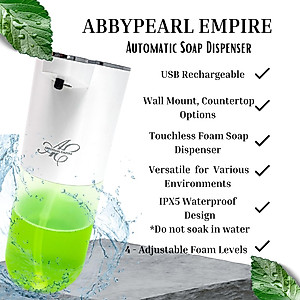 AbbyPearl Empire Automatic Foaming Soap Dispenser, Touchless, Rechargeable, Kids Soap Dispenser with 4-Level Adjustable Foam, Non-Drip Spout – Hands Free Soap Dispenser for Home and Kitchen, 400ml