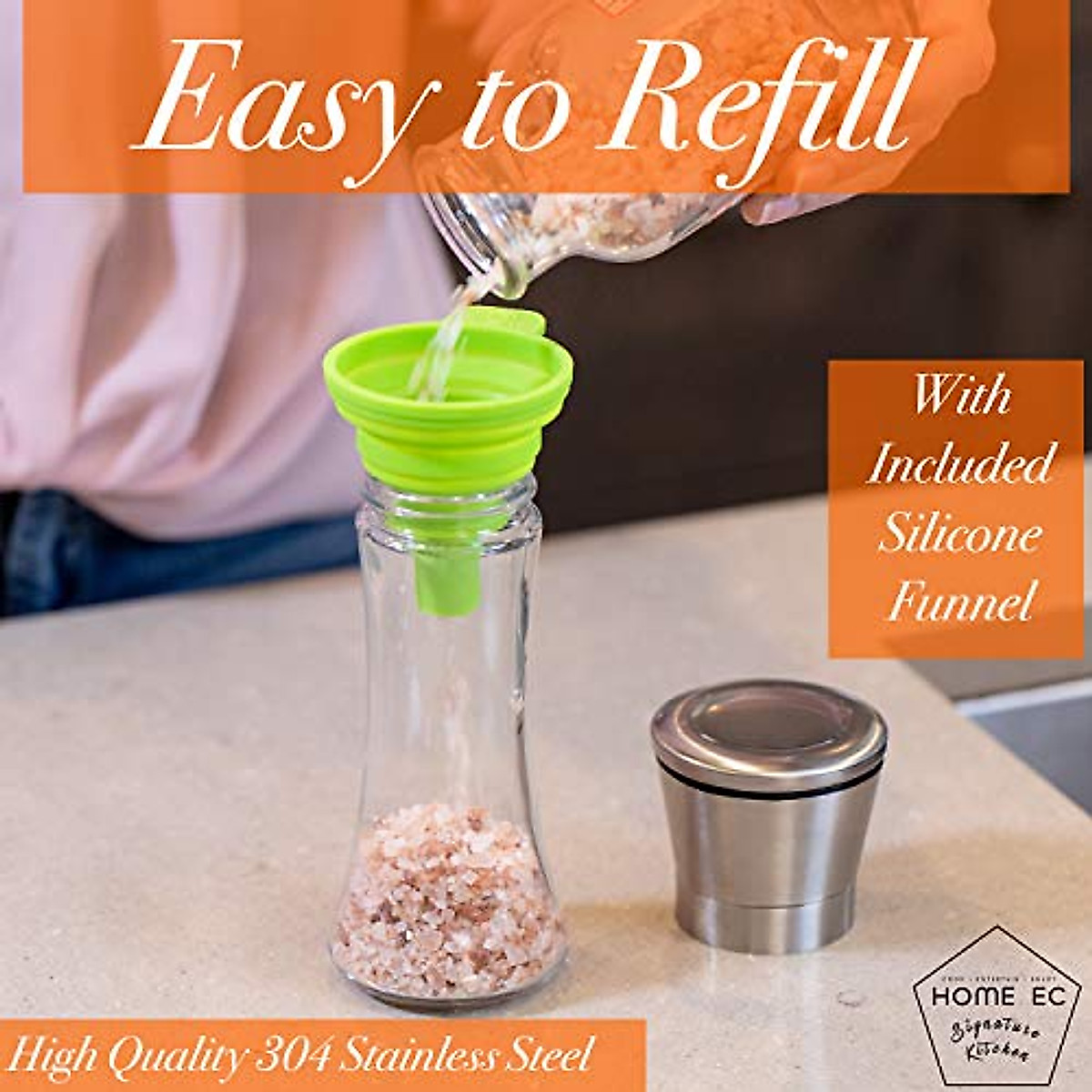 HOME EC Original Salt and Pepper Grinder Set - Adjustable Sea Salt Grinder & Pepper Grinder - Stainless Steel & Glass Salt and Pepper Shakers - Pepper Mill & Salt Mill - Modern Kitchen Accessories