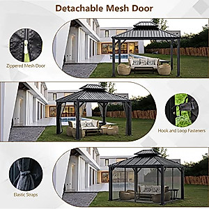 Tangkula 12ft x 10ft Hardtop Gazebo, 2-Tier Outdoor Gazebo w/Double Vented Roof & Central Hook, Galvanized Steel Frame Patio Sun Shelter for Lawn Backyard Poolside Deck (Grey)