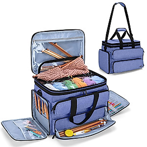 YARWO Knitting Yarn Bag, Portable Crochet Storage Tote with Double Top Cover and Yarn Holes for Knitting Needles(Up to 14”), Unfinished Projects and Skeins of Yarn, Gray