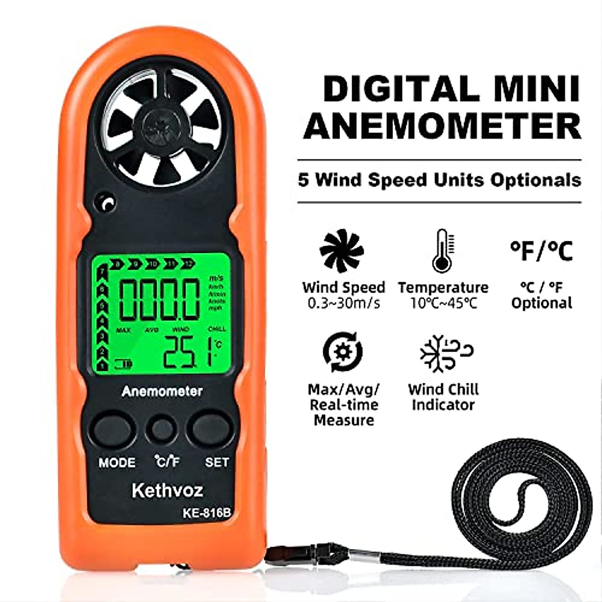 Mini Anemometer Digital Wind Speed Meter, Kethvoz Handheld Wind Tester Measure Windspeed Check Air Velocity Temperature for Hunting Windsurfing Sailing Shooting Drone Outdoor Activities 816B