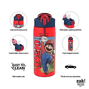 Zak Designs The Super Mario Bros. Movie Water Bottle For School or Travel, 25 oz Durable Plastic Water Bottle With Straw, Handle, and Leak-Proof, Pop-Up Spout Cover (Mario, Toad)