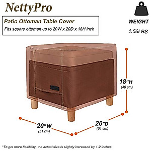 NettyPro Waterproof Ottoman Cover Square 20 x 20 Inch Outdoor Patio Furniture Ottoman Table Cover, Brown