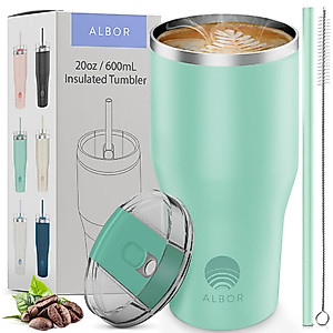 ALBOR 20 oz Travel Coffee Mug With 2 in 1 Lid and Straw, Insulated Stainless Steel Leak Proof Coffee Tumbler Thermos, Spill Proof Thermal Cup (Mint)