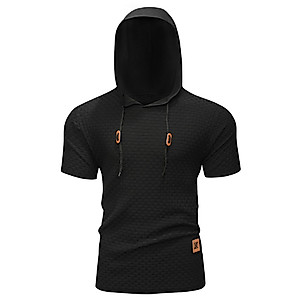 Zaitun Men's Short Sleeve Hoodie Shirt Casual Waffle Knitted Pullover Sweater Black