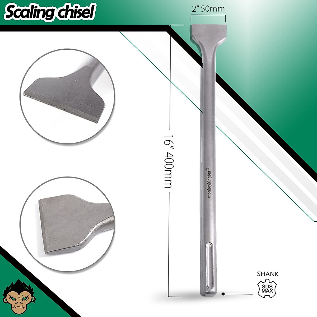 Monkey King Bar -Sds Max Bits 16" SDS Chisel Set-3pcs Masonry Drill Bits Set Suitable with All Brand of Sds Max Hammer Drills- Sds Max Chisel- Point Chisel, Scaling Chisel, Flat Chisel