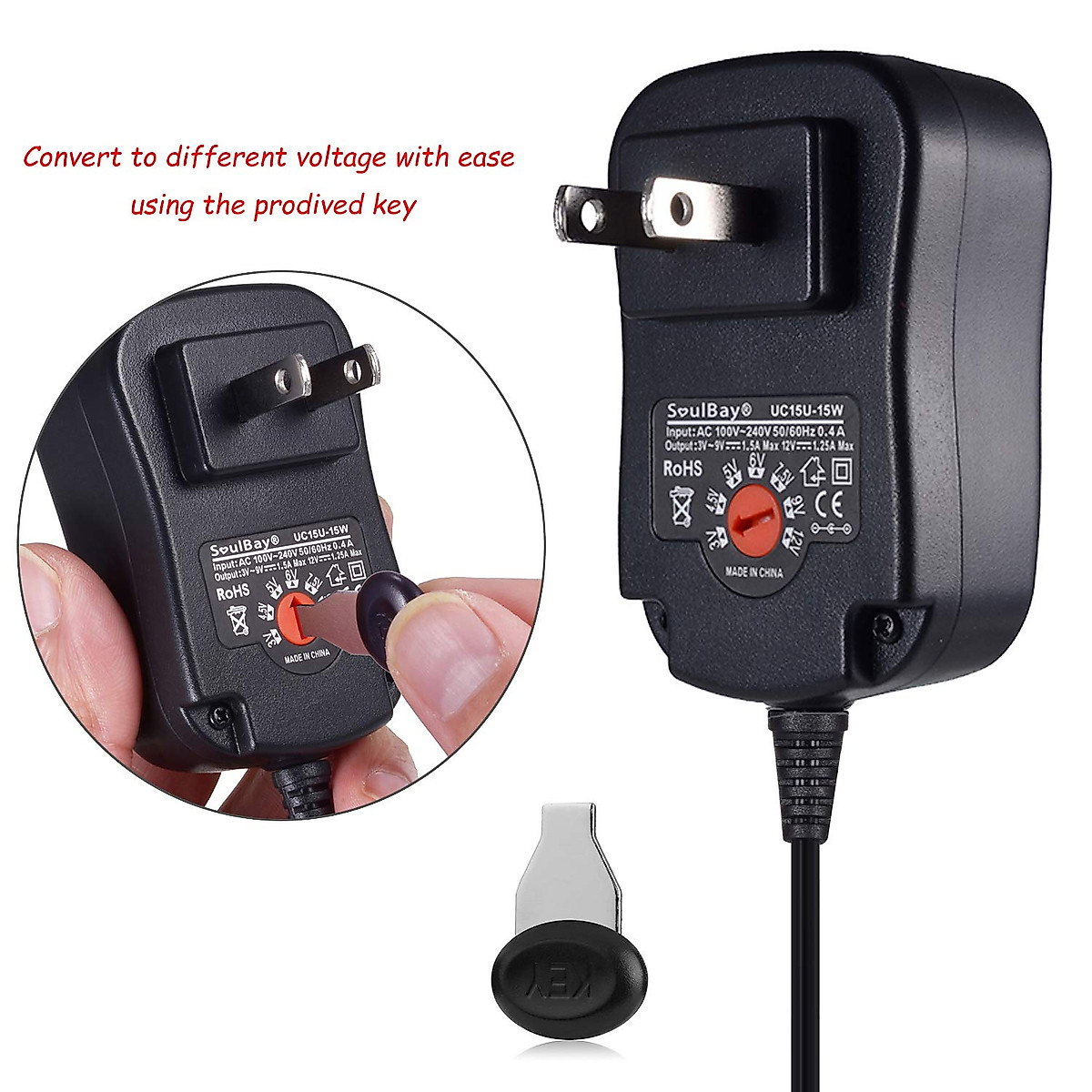 SoulBay 15W AC Adapter Universal Switching Power Supply DC 3V 4.5V 5V 6V 7.5V 9V 12V Charger with 8 Interchangeable Tips for Household Electronics, Adjutable Voltage, 1250mA Max