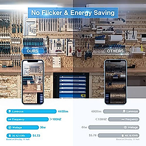 Ensenior 6 Pack Linkable Led Shop Light 4ft for Garage, 4400 High Lumens, 36W Equivalent 280W, 5000K Daylight, 48 Inch Utility Shop led Lights, Surface or Hanging Mount Fixtures, White, ETL Certified