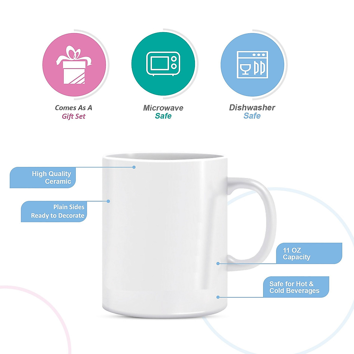 BLUE RIBBON White Sublimation Plain Blank Coffee Mugs, Hot Chocolate Mugs, Ceramic Mugs, Hot Cocoa Mugs, Mug Sets, Gift Pack of 2 11 oz