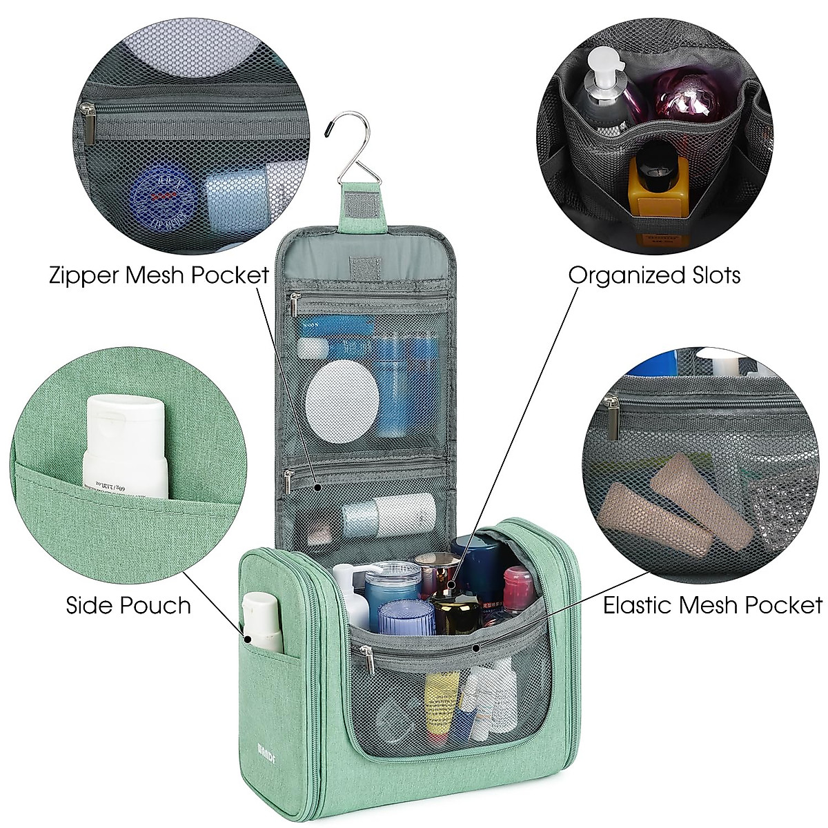 WANDF Large Hanging Toiletry Bag Travel Cosmetic Makeup Organizer Water-Resistant Shower Bathroom Bag for Women and Men (Green)