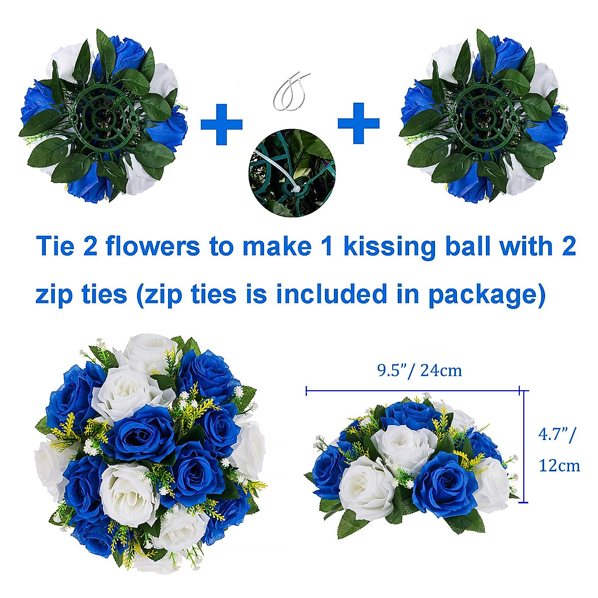 BLOSMON Rose Flowers Artificial for Decoration: 10 Pcs Royal Blue White Fake Kissing Balls for Wedding Table Centerpieces - Artificial Silk Floral Bouquet Arrangements for Home Party DIY Decor