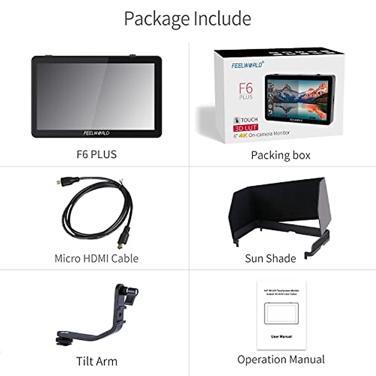 FEELWORLD F6 Plus 6 inch DSLR Camera Field Touch Screen Monitor with HDR 3D Lut Small Full HD 1920x1080 IPS Video Peaking Focus Assist 4K HDMI 8.4V DC Input Output Include Tilt Arm