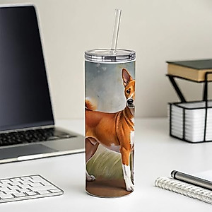 Basenji Dog Illustration Skinny Tumbler 20oz with Straw Insulated Water Bottle Gift
