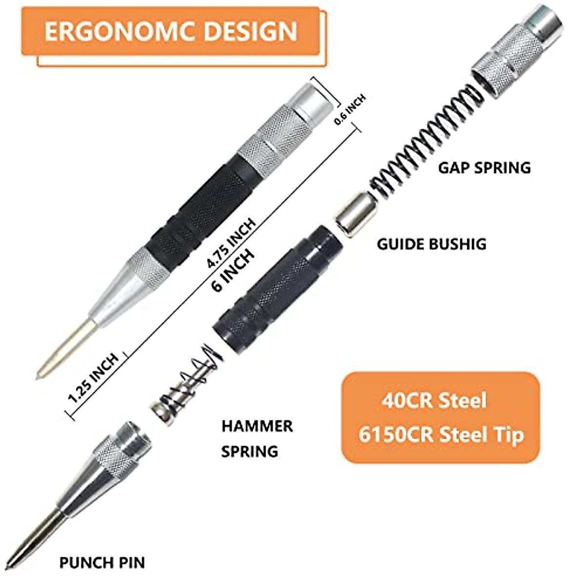 WHLLING 2-Piece Automatic Center Punch, 6 Inch Hardened Steel Spring Loaded Center Hole Punch with Adjustable Knurled Cap for Machinists and Carpenters