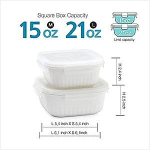ZEN Pleats Porcelain Serve and Store Airtight Container 15&21oz Square Boxes Set of 2 (Mixed Color)