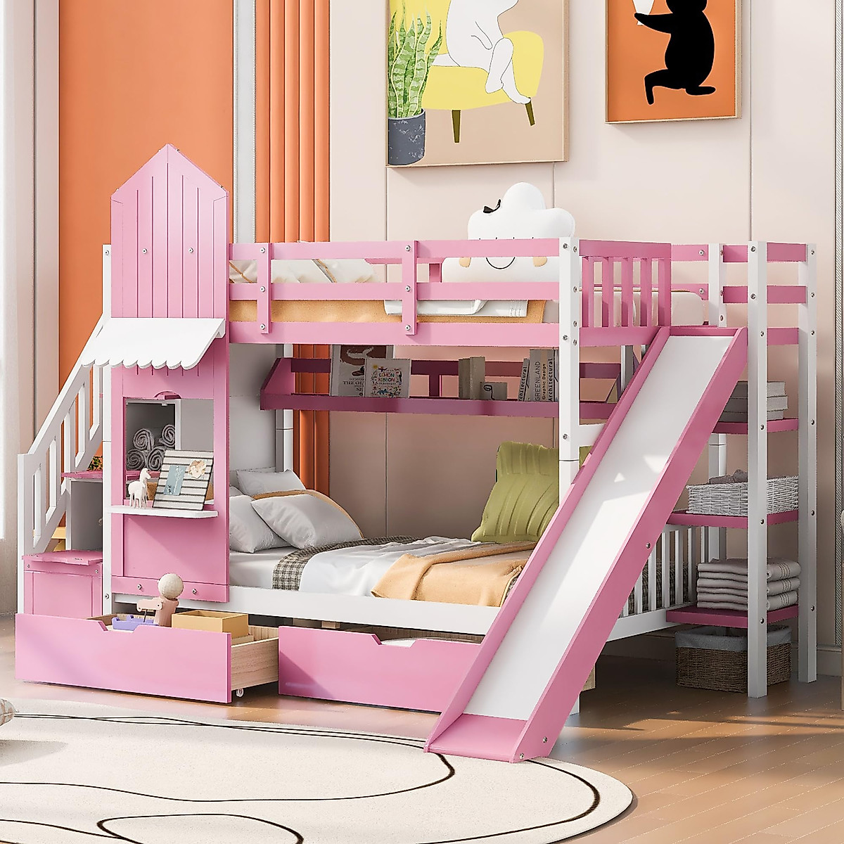 SOFTSEA Twin Over Twin Bunk Bed with Storage and Drawers for Kids Boys Girls Solid Wood Bunk Bed with Slide and Staircase