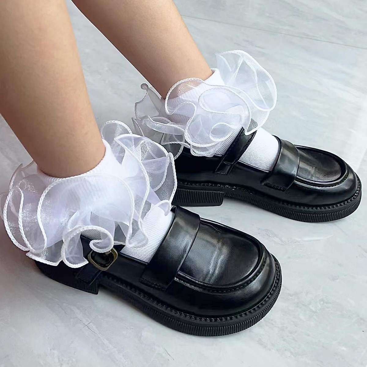 Yepami 3 Pairs Girls Ruffle Socks Big Double Lace Frilly Trim Dress Socks (White, Small, 2_years)