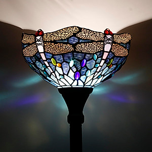 WERFACTORY Tiffany Floor Lamp Sea Blue Stained Glass Dragonfly Light 12X12X66 Inches Pole Torchiere Standing Corner Torch Uplight Decor Bedroom Living Room Home Office S631 Series