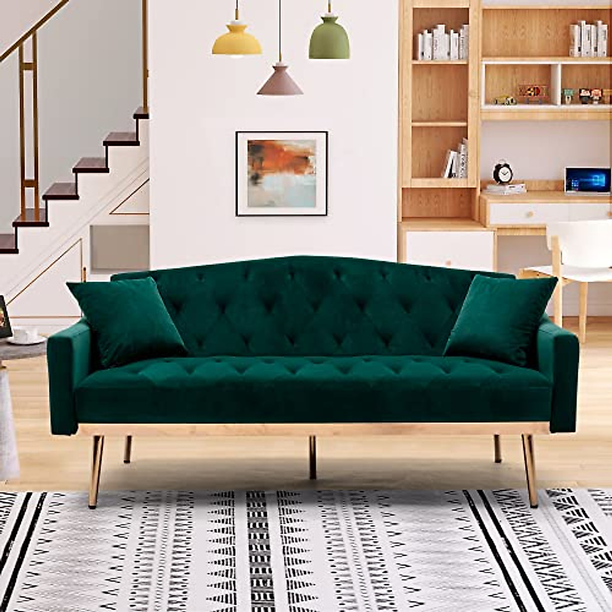 Accent Couch,Velvet Futon Sofa Bed,Sleeper Sofa Couch with 2 Pillows,Tufted Loveseat Sofa with 5 Golden Metal Legs Mid Century Modern Sofas for Home Living Room Bedroom(Green)