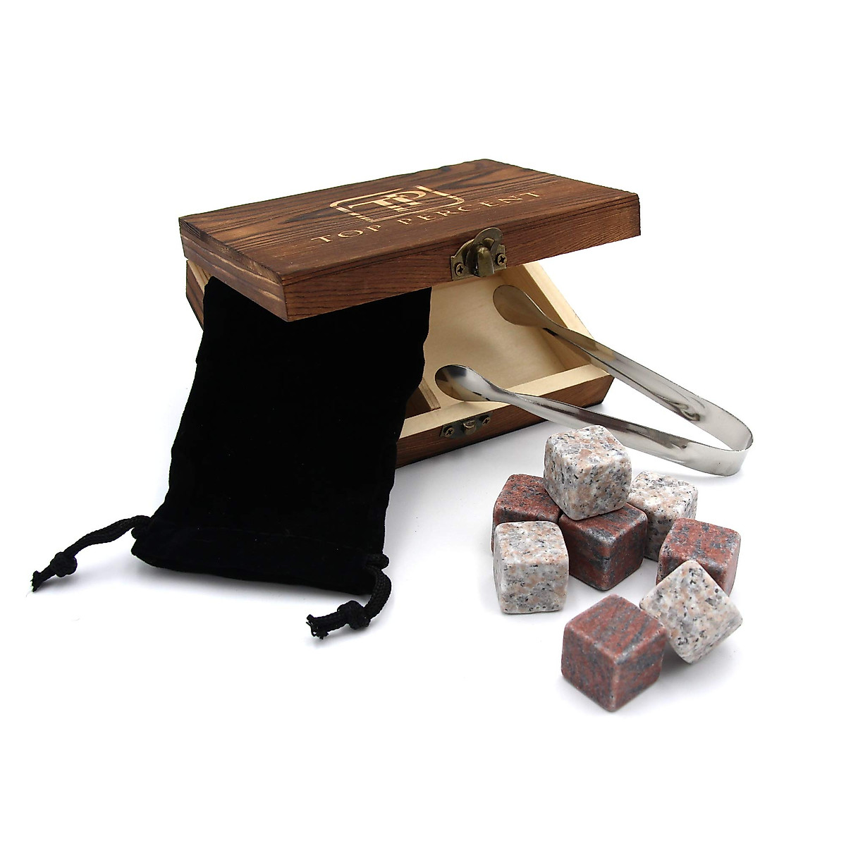 Whiskey Stone Gift Box set with 9 Premium Granite Stones (Won't Water Down Your Drink!), Wood Box, Velvet Carrying Bag and Tongs (Natural Red)
