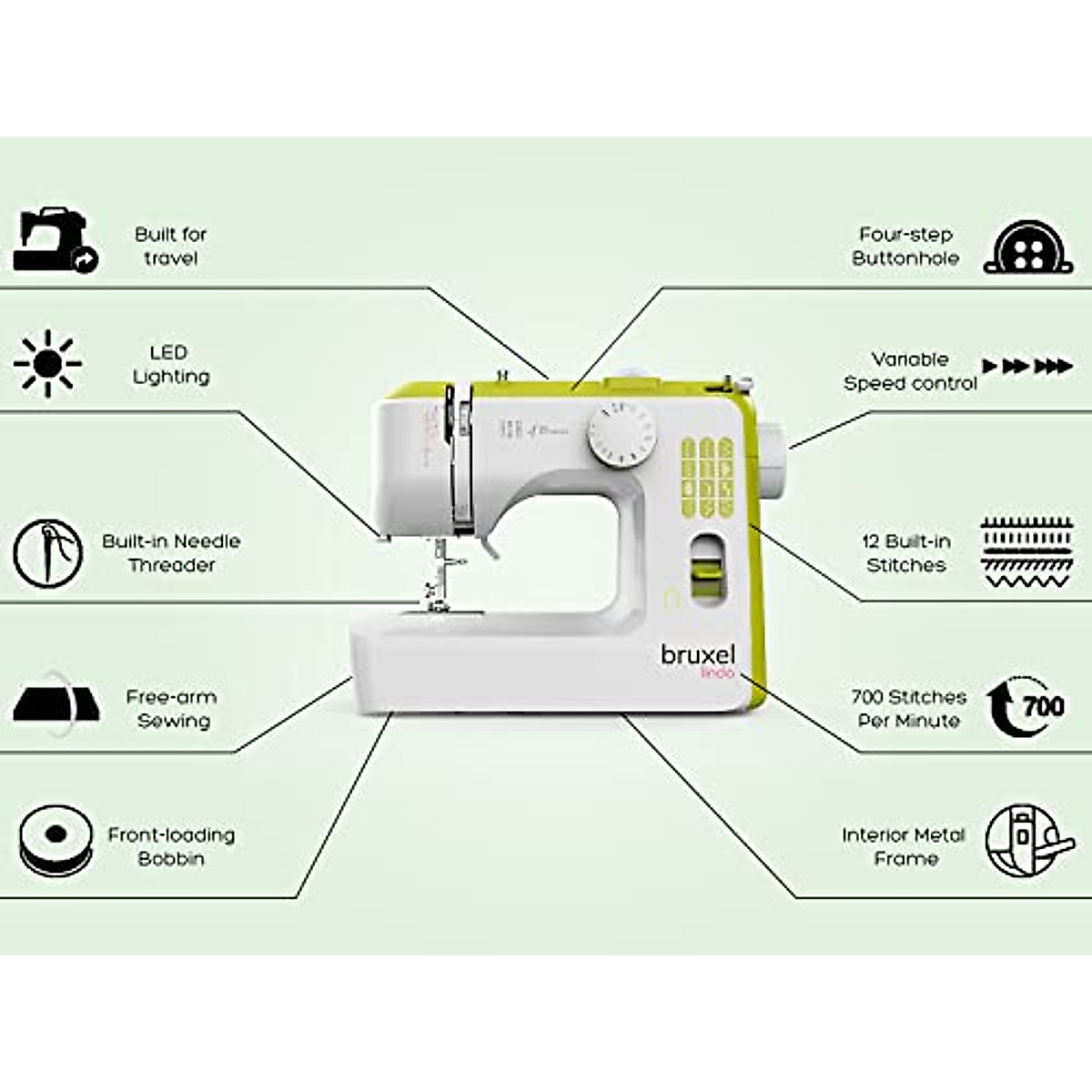 Bruxel Linda Portable Sewing Machine | Easy-To-Use Beginners Sewing Machine with 12-Stitches |Foot Pedal Included | Sewing Machine Accessories Green