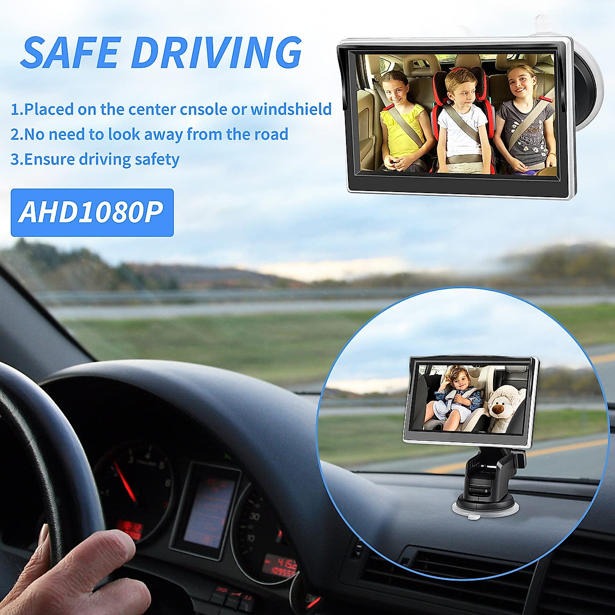 EMSIKC 5 Inch AHD Baby Car Mirror,1080P Sucker Bracket Monitor Display with Infrared Night Vision Function Baby Car Camera,View Infant in Rear Facing Seat with 150°Wide View