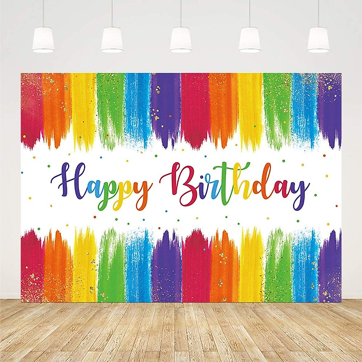 AIBIIN 7x5ft Let's Paint Happy Birthday Backdrop Paint Rainbow Party Decorations Supplies Colorful Confetti Graffiti Wall Gold Glitter Splatter Photography Background Banner Cake Table Photo Props