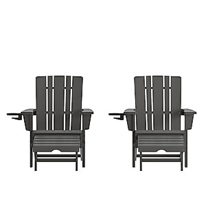 Flash Furniture Halifax Poly Resin Adirondack Chair with Cup Holder and Pull Out Ottoman, All-Weather Poly Resin Indoor/Outdoor Lounge Chair, Set of 2, Gray