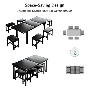 iPormis 7-Piece Dining Table Set with 6 Stools, 63" Extendable Kitchen Table Set for 4-8, Modern Dining Room Table with Sturdy Metal Frame, Space-Saving Dinette, Black