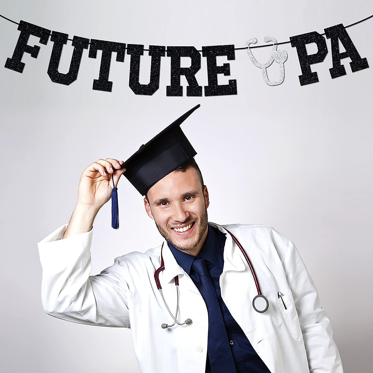 Future PA Banner - Congrats Physician Assistant Bunting Sign, Medical School/Nursing School Graduation Party Decorations Supplies, Black Glitter