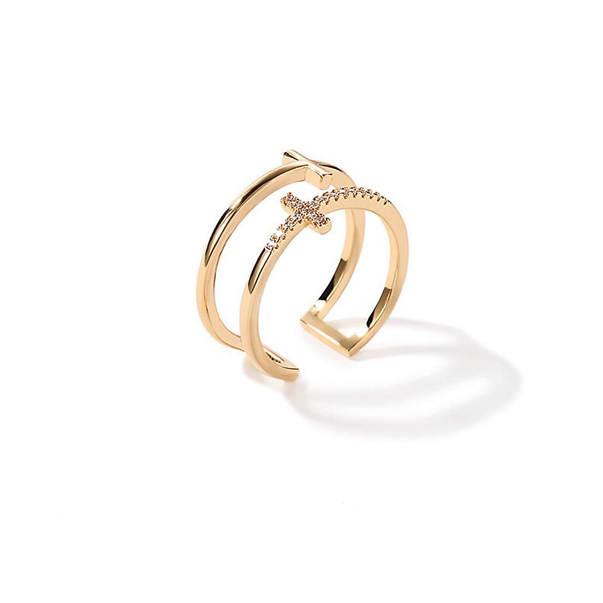 AILUOR Simple Fashion Double Layer Cross Open Ring, 18K Gold Religious Faith Modern Crystal Cross Finger Rings for Couple Women (Gold)