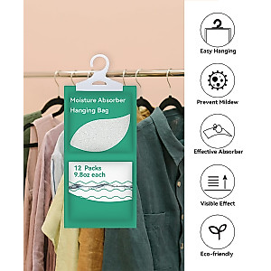 Tvuidgeg Moisture Absorbers Packets, Fragrance Free (12 Pack), Humidity Packs, Hanging Closet Dehumidifier Bags, Moisture Absorb 9.8OZ Hanging Bags for Bedroom, Kitchen, Basement, Storeroom, Study