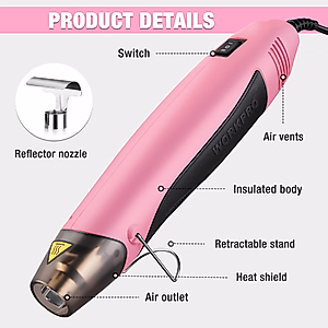 WORKPRO Heat Gun, 400W Mini Hot Air Gun with Reflector Nozzle, 2 Temp Settings 482℉(250℃)/842℉(450℃) and 5.9ft Long Cable Overload Protection for Craft Embossing, Shrink Wrapping PVC, Drying Paint