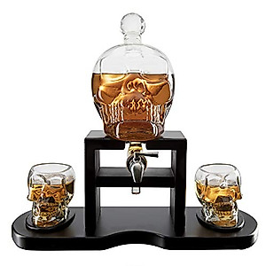 Skull Skeleton Wine & Whiskey Decanter Set 750 mL With 2 Skull 3oz Skeletons Shot Glasses + Mahogany Wooden Base & Pouring Spigot Decor Glass, Goth Spooky Drinking Glassware The Wine Savant