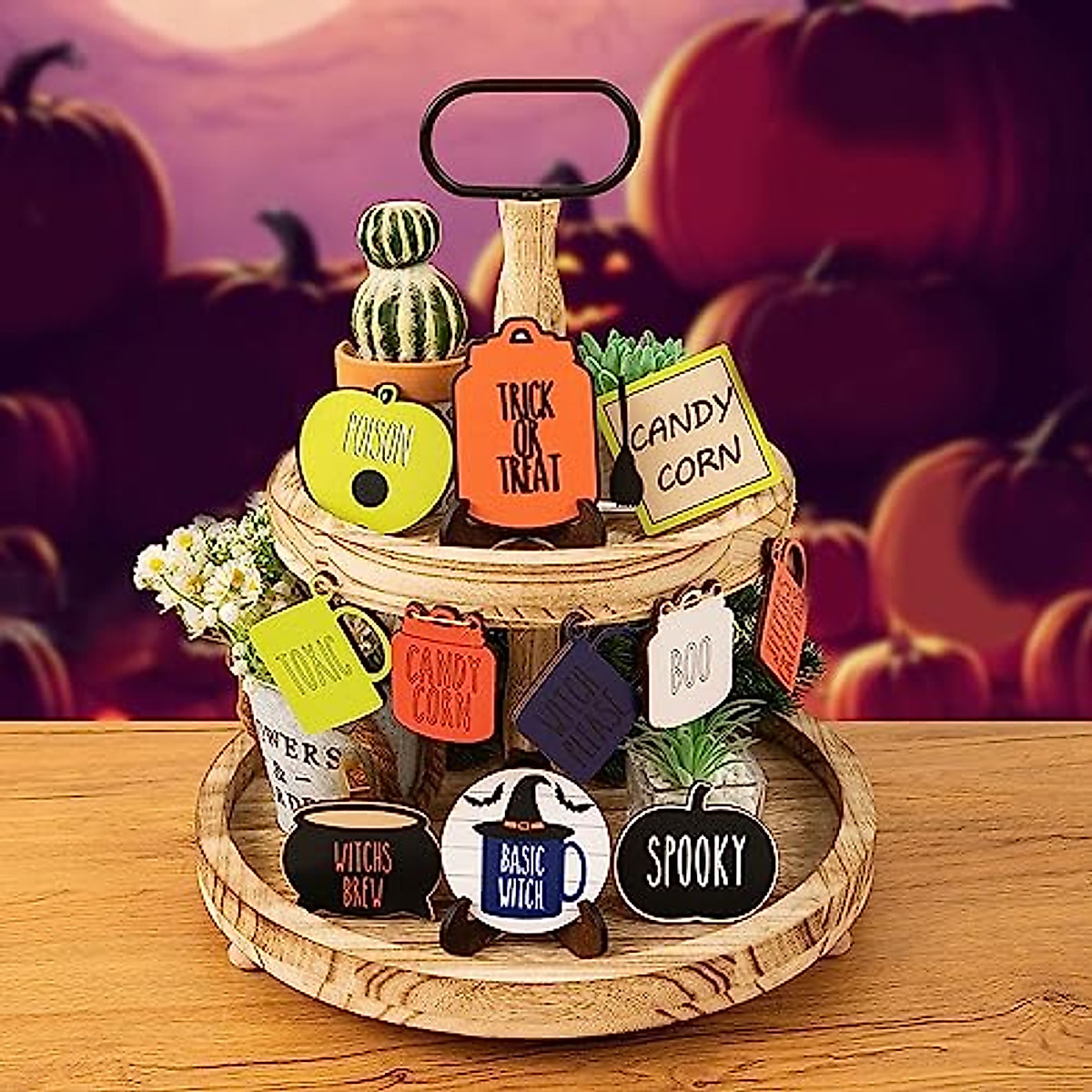 Halloween Farmhouse Decors for Tiered Tray for Living Room Bathroom Tiered Tray Decors Set Wooden Table Signs Tiered Tray Set Decorative Trays Signs Wood Sign Mini Signs Bedroom Wooden Decor