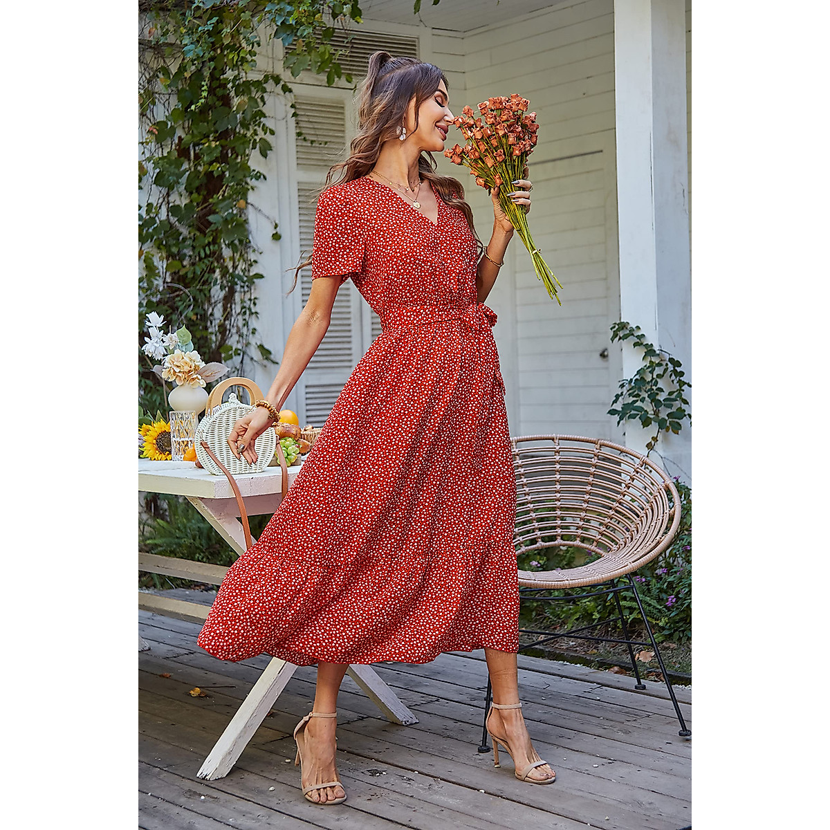 PRETTYGARDEN Women's 2024 Floral Boho Dress Wrap V Neck Short Sleeve Belted Ruffle Hem A-Line Flowy Maxi Dresses (Red Floral,Large)