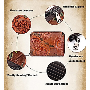 Women's Leather Zipper Wallet Card Organizer Ladies Small Purse with 12 Card Slots (Brown)