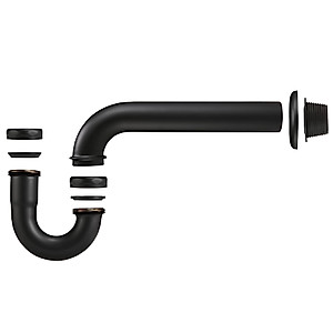 18 Gauge Solid Brass P-Trap 1 1/4” OD, Heavy Duty Brass Tubular J Bend Pipe Connector, Decorative Bathroom Basin Sink Waste Trap Drain Kit with Flange and Gasket Washers, Matte Black