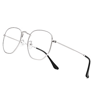 Pro Acme Hexagonal Non-Prescription Glasses Frame for Women Men Designer Square Round Metal Clear Lens Eyeglasses (Silver)