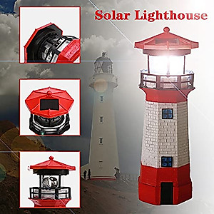 CALIDAKA Solar Powered Lighthouse,Garden Lights,Solar Lighthouse Statue with Spinning Light for Outdoor Patio Yard Garden Lawn Decoration (Red)