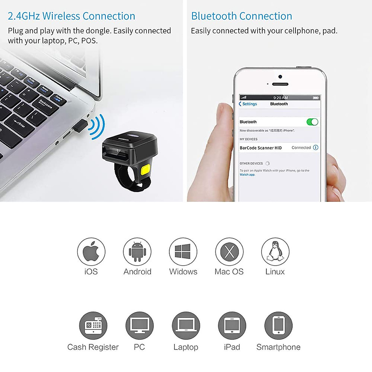 Symcode 2D Bluetooth Wireless QR Barcode Scanner,Portable Ring Wearable Finger 1D 2D Mini Bar Code Reader Scanner Suppot Screen Scanning with Bluetooth & 2.4GHz Wireless & Wired Connection Scanner