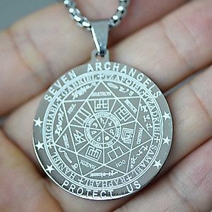 FLYUN Seal of The 7 Archangels Pendant Necklace for Men,Seven Archangels Protection Necklace for Men, Mens Spiritual Talisman Amulet Jewelry (A5-Steel)