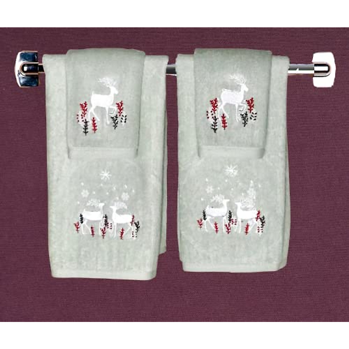 Holiday Christmas Cotton Towels: Noble Reindeer Buck Deer Design, Gray Silver Red White, Set of 2