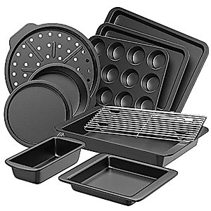 HONGBAKE Bakeware Sets, Baking Pans Set, Nonstick Oven Pan for Kitchen with Wider Grips, 10-Pieces Including Rack, Cookie Sheet, Cake Pans, Loaf Pan, Muffin Pan, Pizza Pan - Grey
