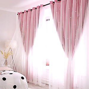 UNISTAR 2 Panels Stars Blackout Curtains for Bedroom Girls Kids Baby Window Decoration Double Layer Star Cut Out Aesthetic Living Room Decor Wall Home Curtain,W52 x L63 Inches,Pink