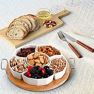 ZENFUN 11.3'' Ceramic Divided Dishes with Bamboo Tray, 6-Compartment Appetizer Tray Removable Snack Bowls, Round Sectional Serving Platter for Candy and Nut, Fruits, Condiment, Party