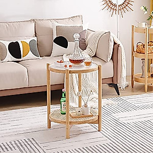 Tiita Rattan Coffee Table, Round End Table, 2-Tier Morden Side Table, Small Living Room Side Table, Glass Sofa End Table for Balcony and Office Outdoor/Indoor (Horizontal Stripe)