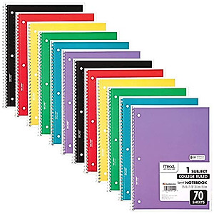 Mead Spiral Notebooks, 12 Pack, 1-Subject, College Ruled Paper, 10-1/2" x 8", 70 Sheets per Notebook, Color Will Vary (73703)