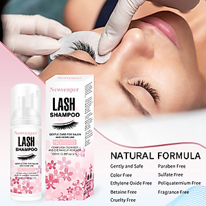 Newvenper Lash Shampoo for Eyelash 100ML + Brush & Mascara Wand Eyelid Foaming Cleansing, Eyelash Extension Cleanser Remover,Makeup Remover,Salon and Home Use