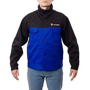 Waylander Flame Resistant FR Cotton Welding Jacket with Snap Button Front and Wrist Closures - Black/Blue (MEDIUM)
